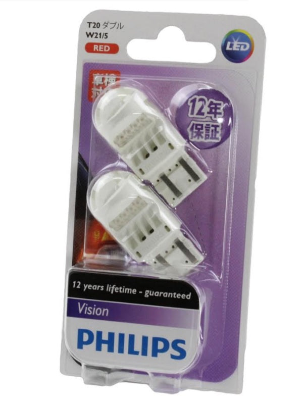 Genuine PHILIPS Vision Red LED Stop Tail Light Wedge Bulbs 12V T20 W21 ...